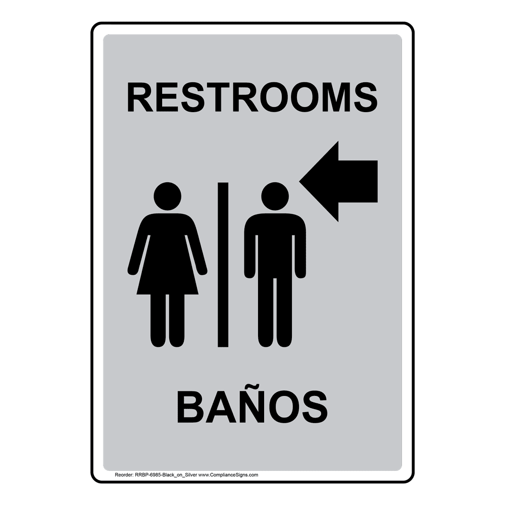 Silver Restrooms - Baños [Left Arrow] Sign With Symbol RRBP-6985-Black ...