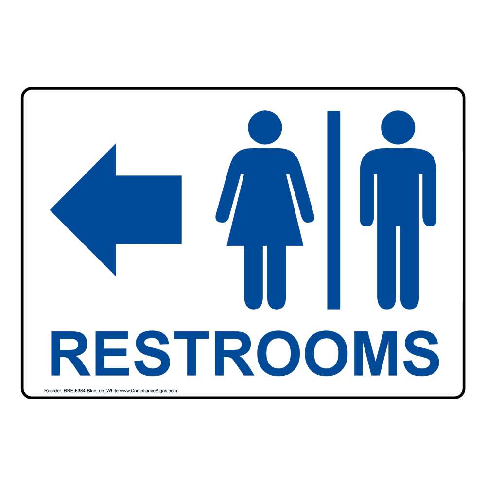 White Restrooms [Left Arrow] Sign With Symbol RRE-6984-Blue_on_White