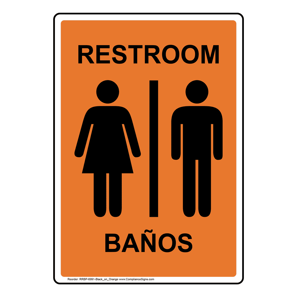 Orange Restroom - Baños Sign With Symbol RRBP-6991-Black_on_Orange