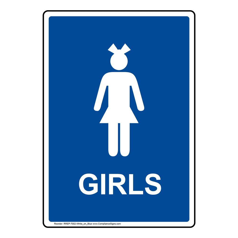 Portrait Blue Girls Restroom Sign With Symbol RREP-7002-White_on_Blue