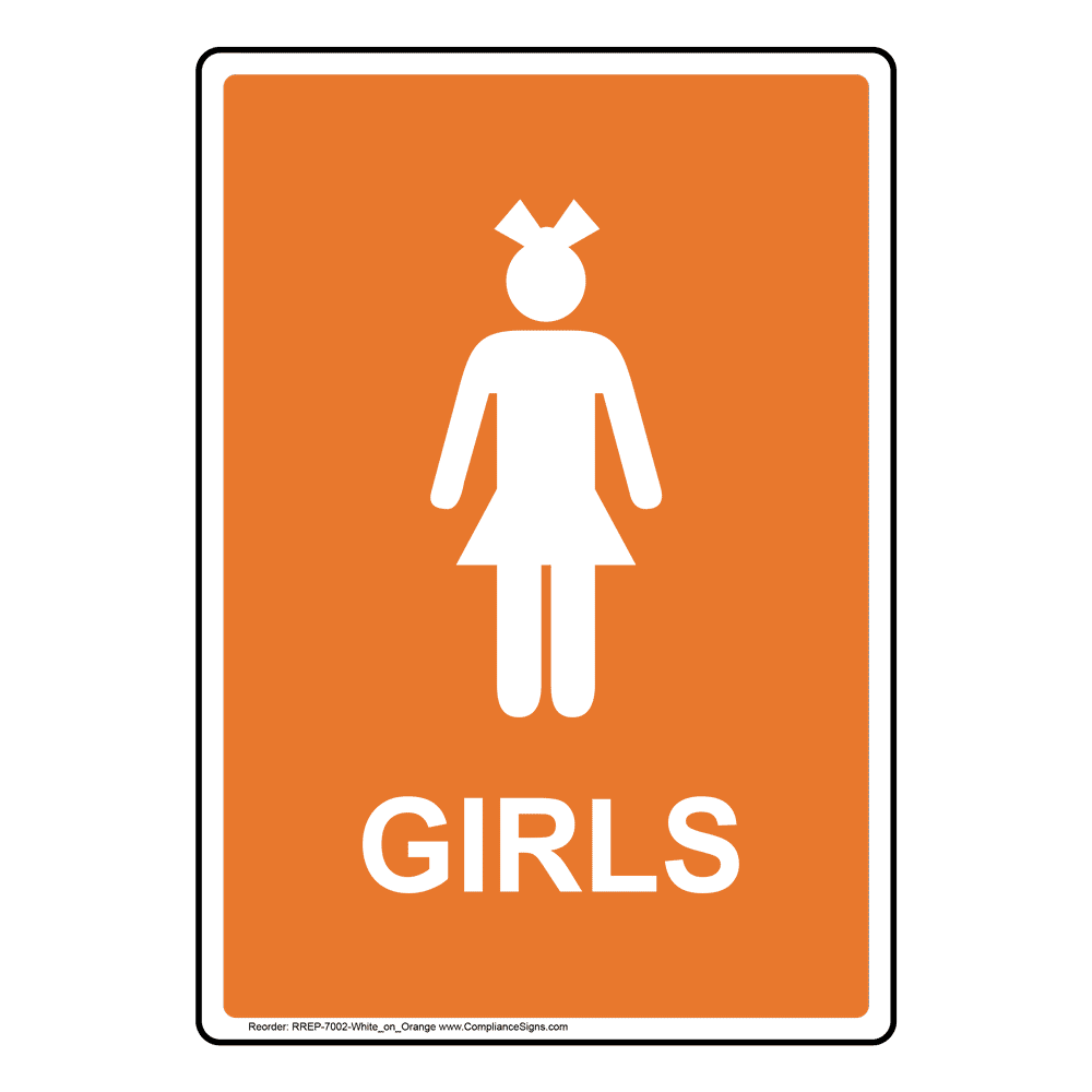 Portrait Orange Girls Restroom Sign With Symbol RREP-7002-White_on_Orange