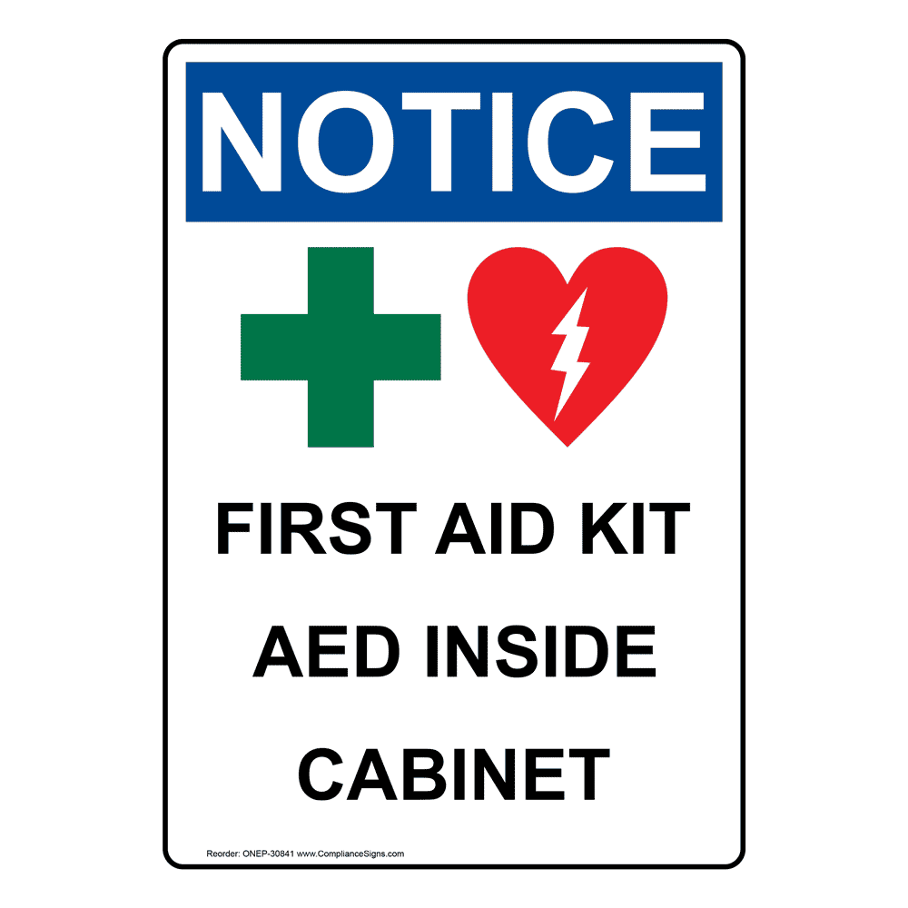 Portrait OSHA First Aid Kit AED Sign With Symbol ONEP-30841